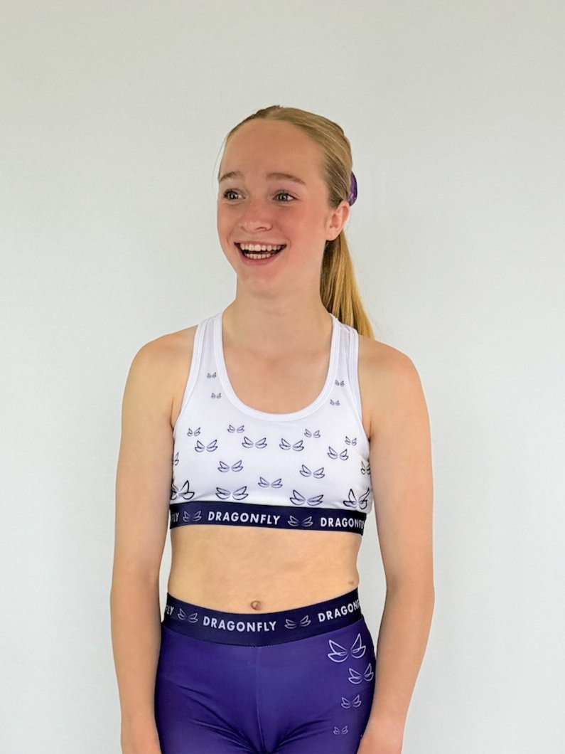 White & Purple Fly High Crop Top - Dragonfly Leotards - Gymnastics Leotards